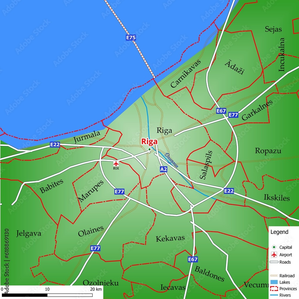 Map of the capital city Riga with main streets, rivers, lakes, urban ...