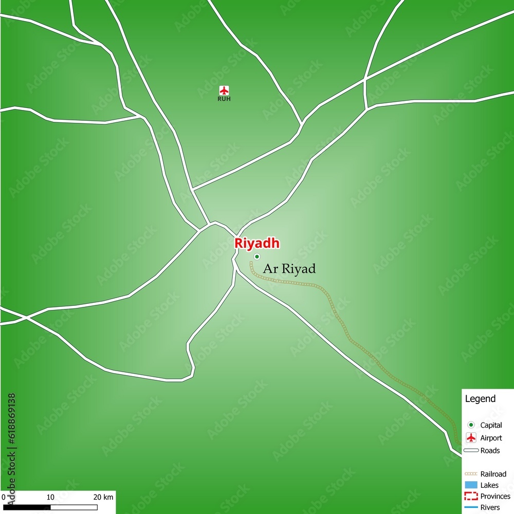 Map of the capital city Riyadh with main streets, rivers, lakes, urban ...