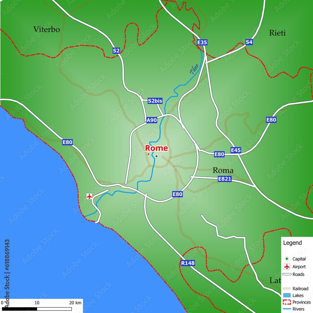 Map of the capital city Rome with main streets, rivers, lakes, urban ...