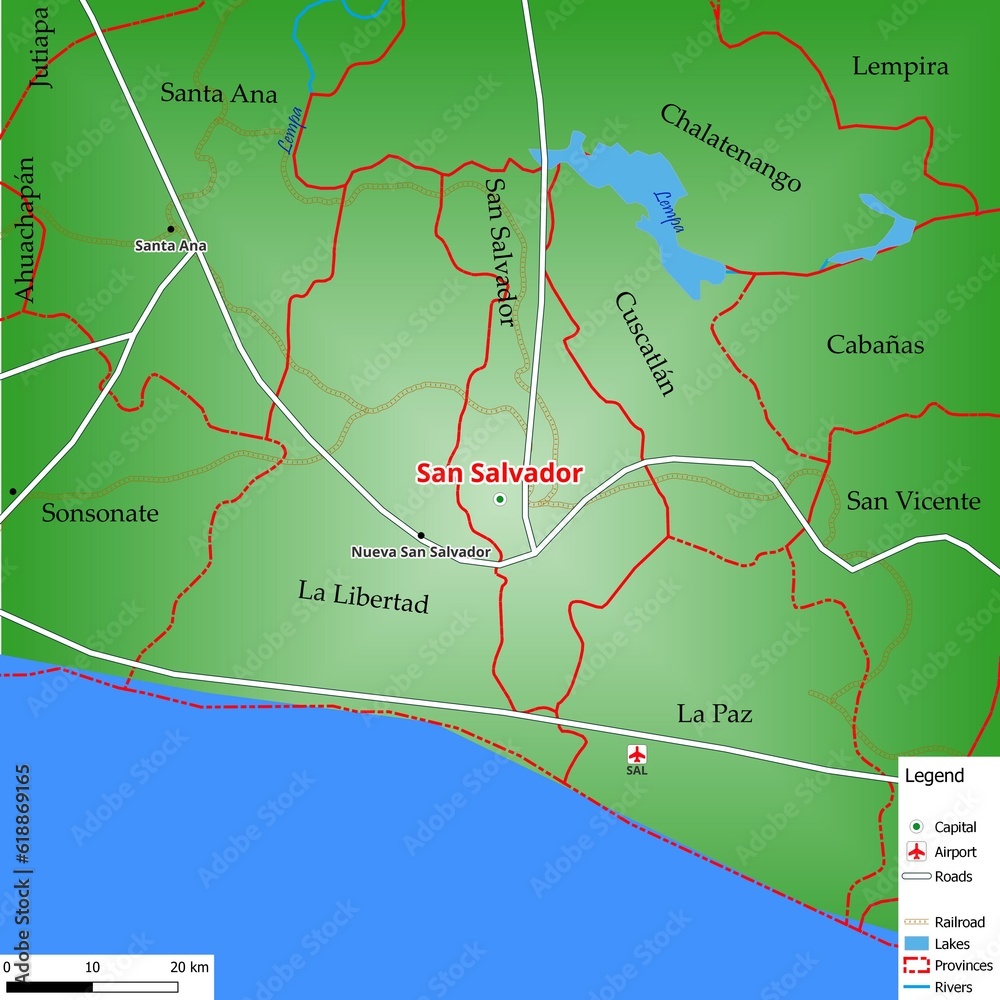 Ilustrace „Map of the capital city San Salvador with main streets, rivers, lakes, urban areas ...