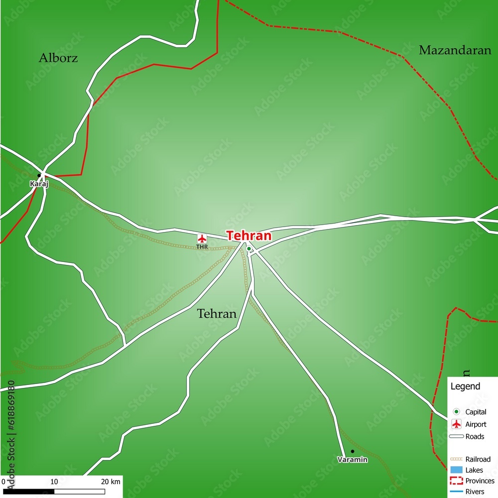 Map of the capital city Tehran with main streets, rivers, lakes, urban ...