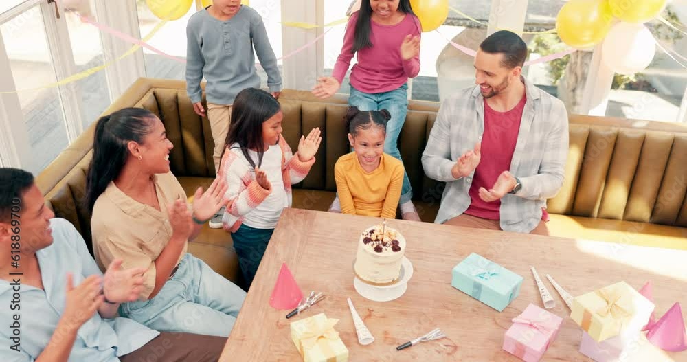 Birthday party, celebration applause and happy kids, singing friends or ...