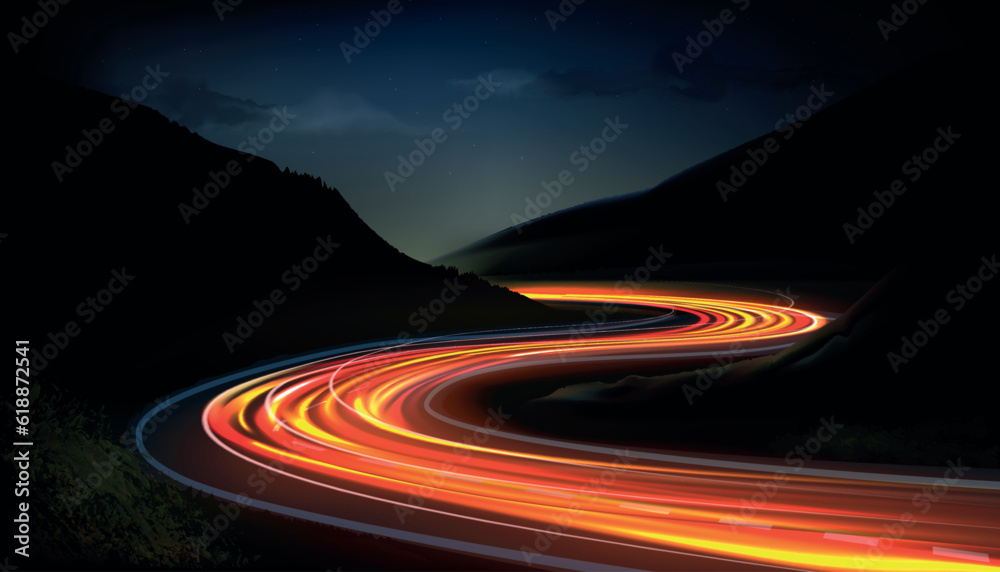 Car speed lights. Glowing trail, highway road line, fast and long night ...