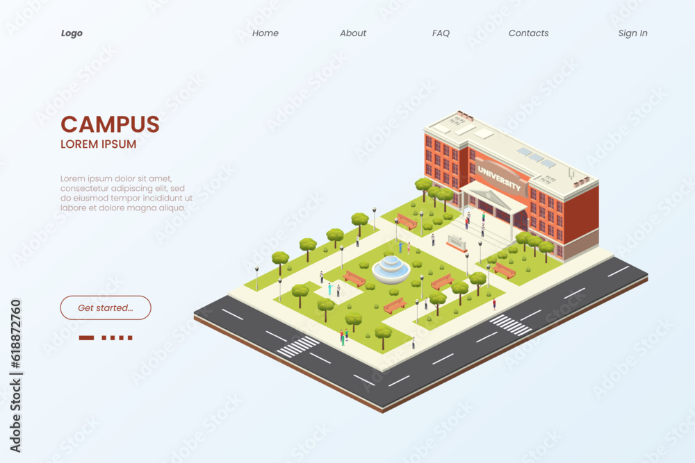 Isometric university campus. Landing page. Students education. School ...