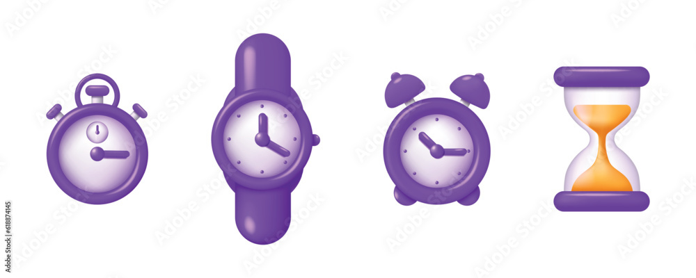 3D clock. Time measurement. Timer icons. Speed watch. Hourglass and ...