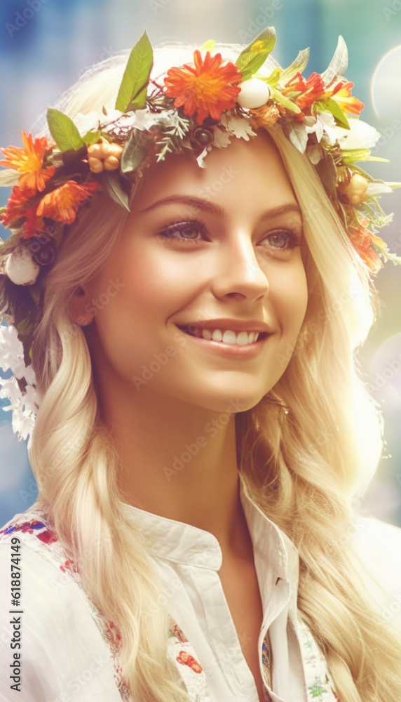Beautiful girl with wildflowers in the midsummer sun celebrating ...