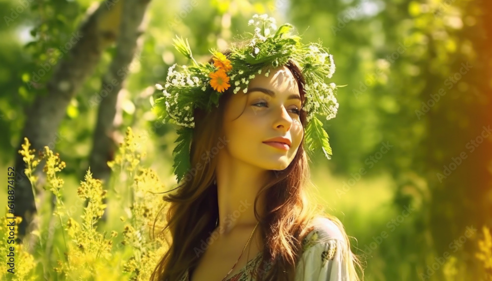 Beautiful girl with wildflowers in the midsummer sun celebrating ...