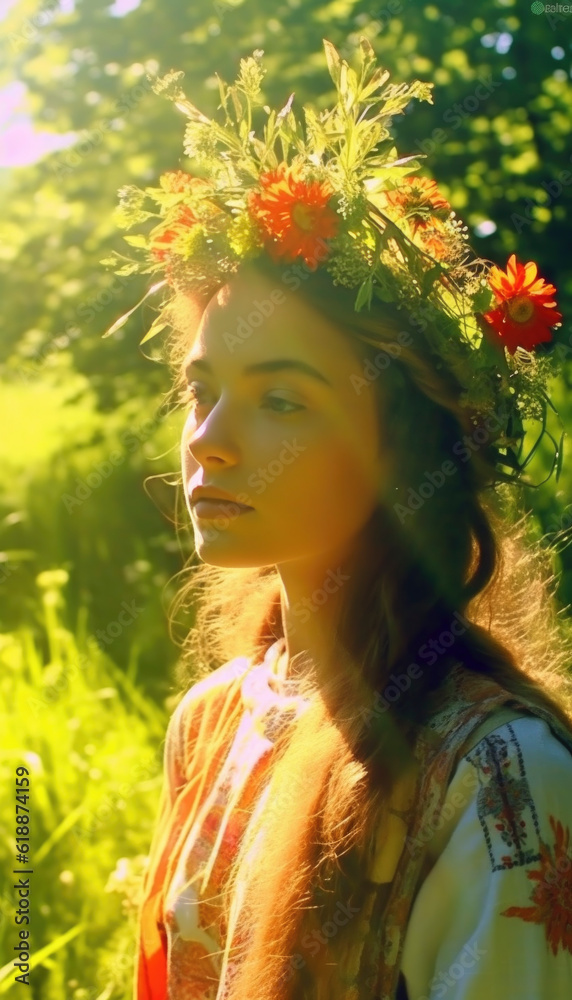 Beautiful girl with wildflowers in the midsummer sun celebrating ...