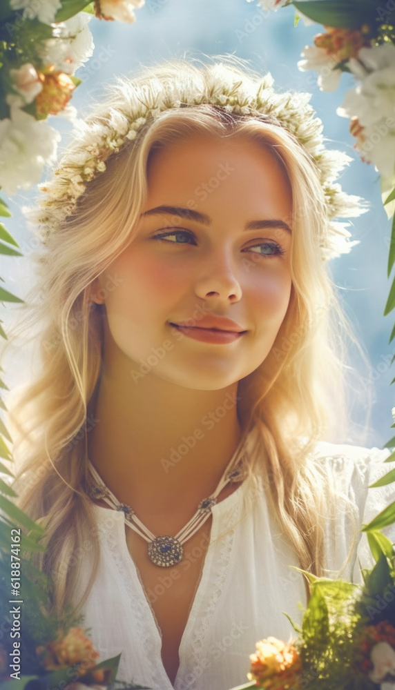Beautiful girl with wildflowers in the midsummer sun celebrating ...
