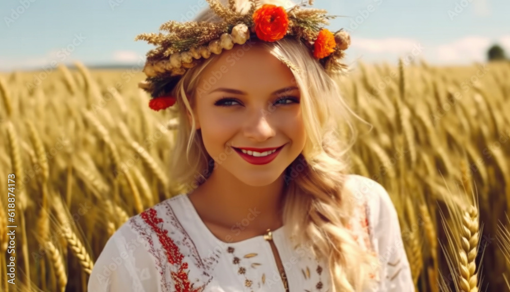 Beautiful girl with wildflowers in the midsummer sun celebrating ...