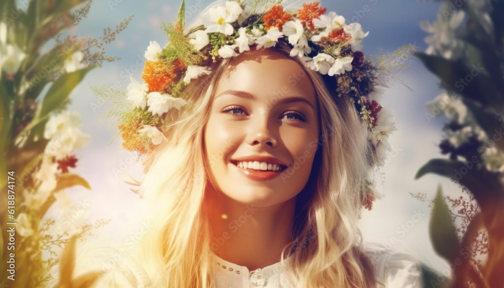 Beautiful girl with wildflowers in the midsummer sun celebrating ...