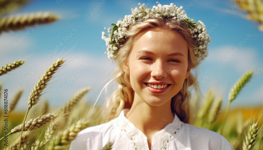Beautiful girl with wildflowers in the midsummer sun celebrating ...