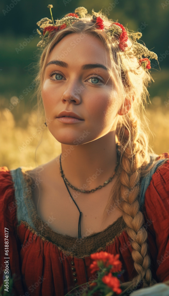 Beautiful girl with wildflowers in the midsummer sun celebrating ...