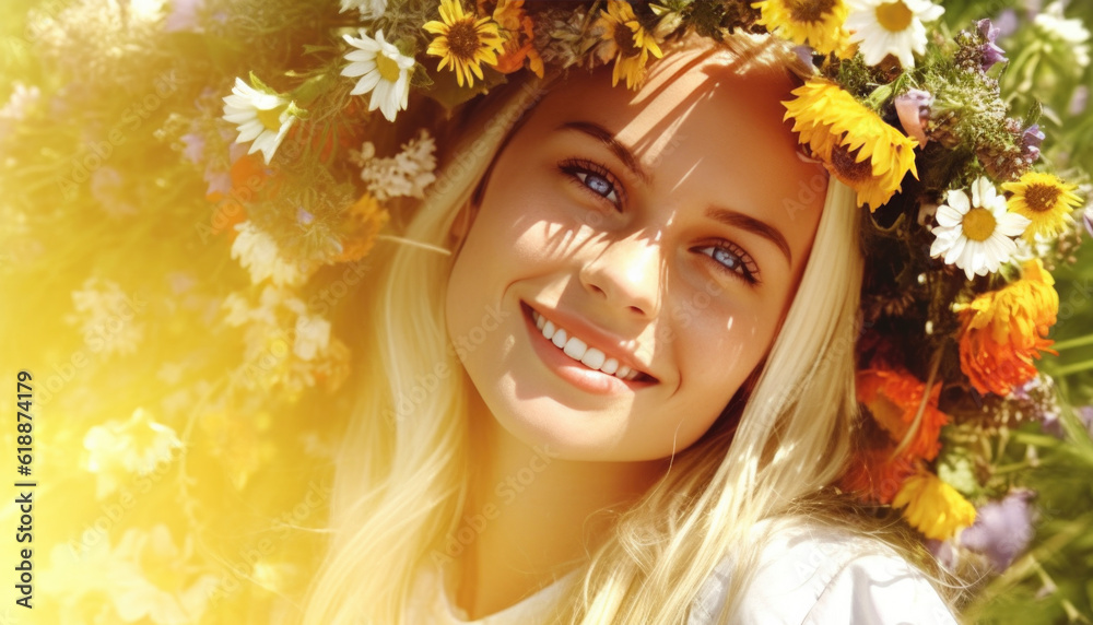 Beautiful girl with wildflowers in the midsummer sun celebrating ...