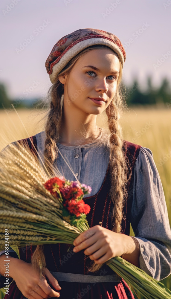 Beautiful girl with wildflowers in the midsummer sun celebrating ...