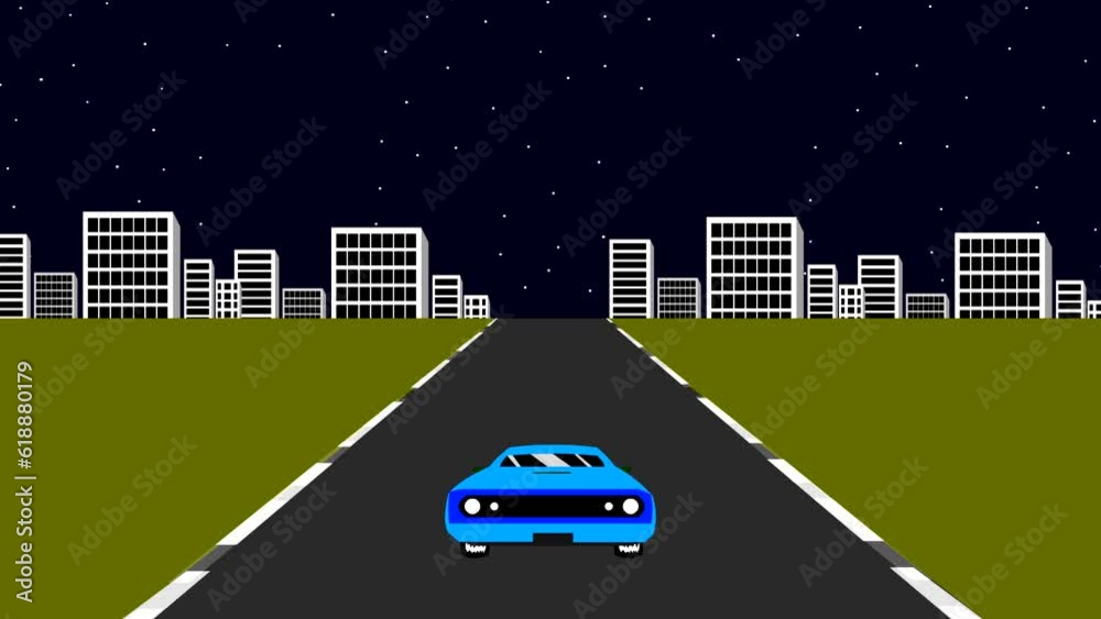 Animated video of an old racing car game in 16-bit style at night ...