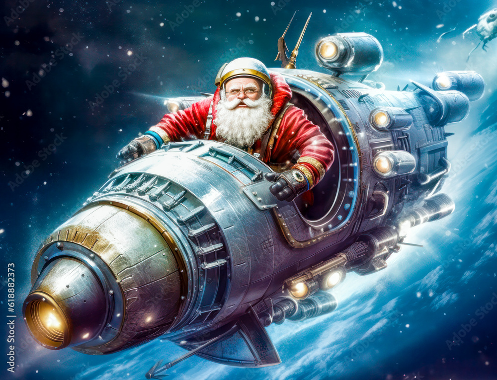 Santa Claus on a rocket sled delivers gifts for Christmas, Generative ...