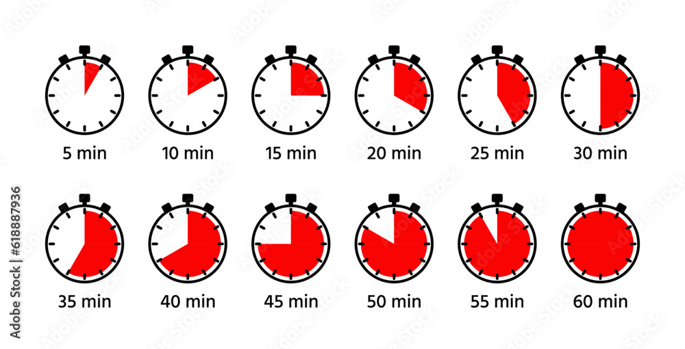 Chronometer deadline symbols with red filling. Timer, stopwatches icons ...