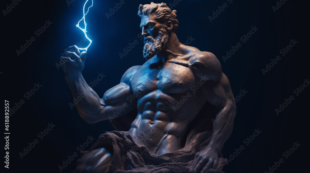 Male statue of a Roman deity, muscular Zeus with lightning in his hands ...