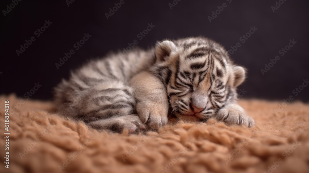 Sleeping newborn little tiger cub. Photographing a baby tiger on a fur ...