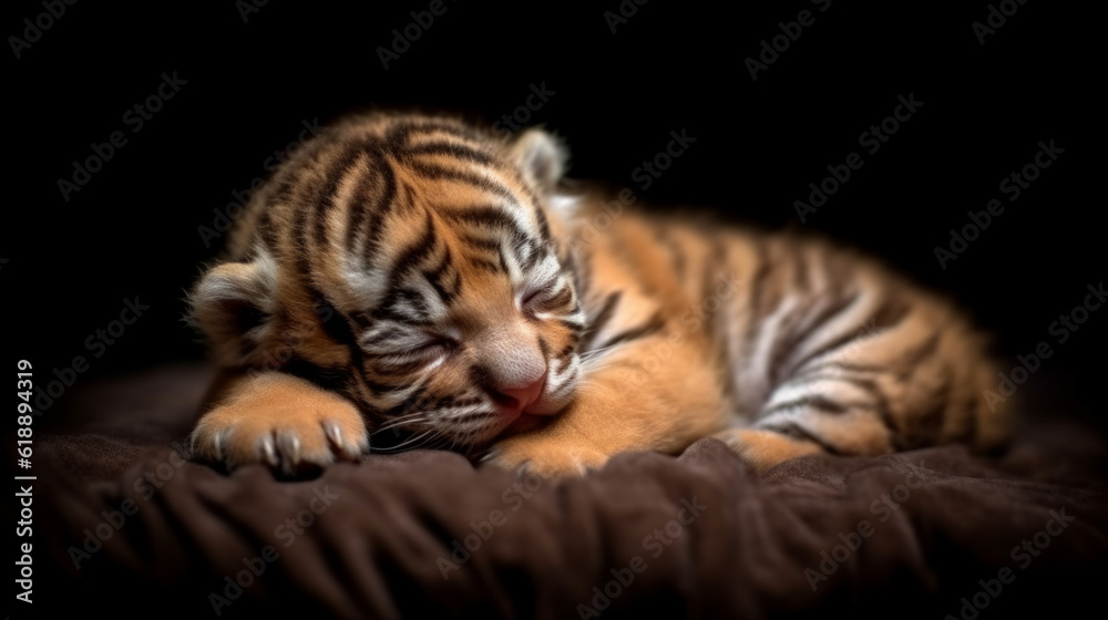 Sleeping newborn little tiger cub. Photographing a baby tiger on a fur ...