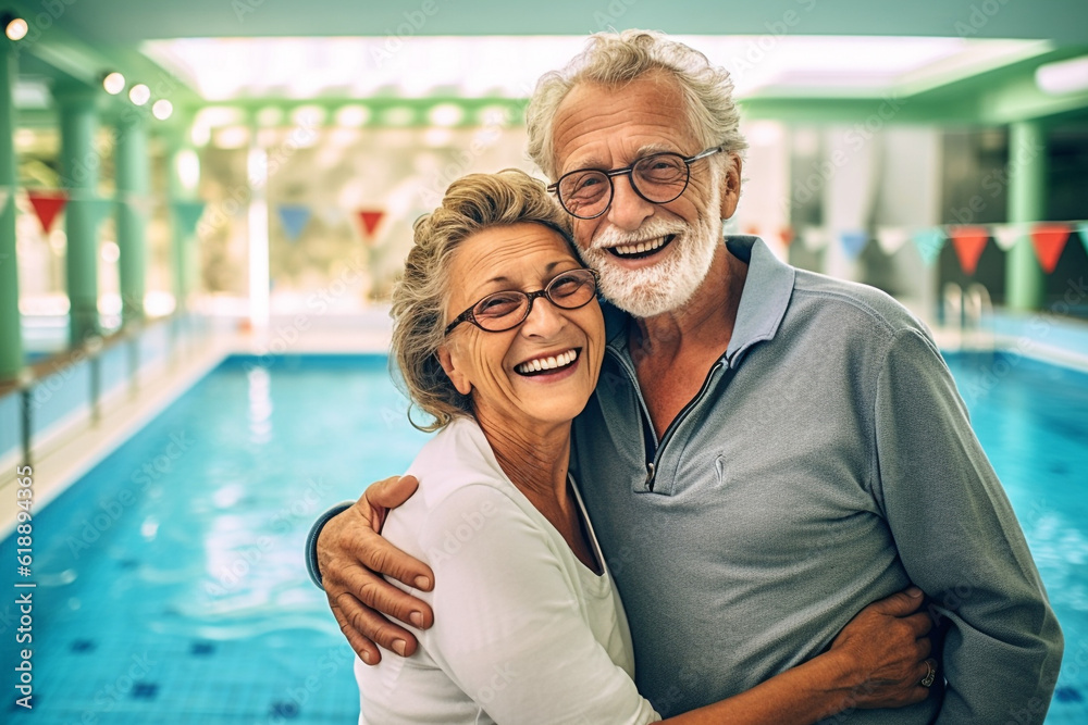 Senior couple on the pool. Laughter at the swimming pool side ...