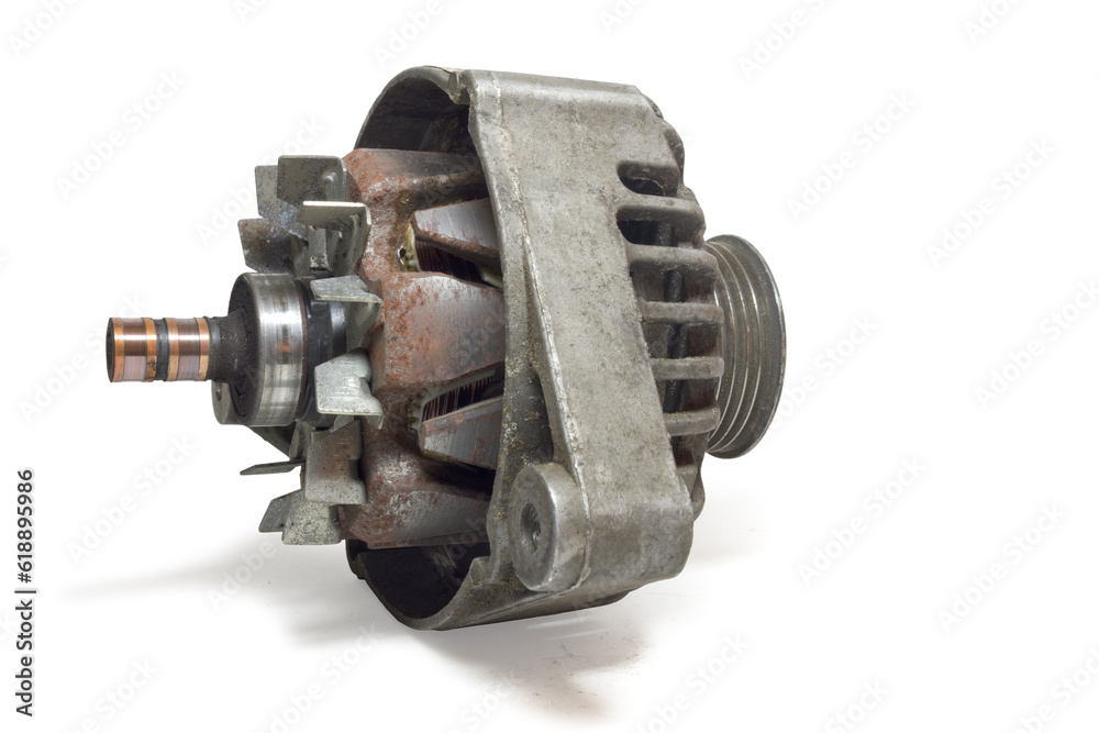 car old alternator details. threadbare metal fan under roller bearing ...