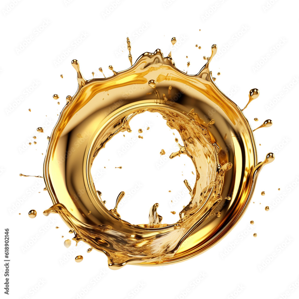 Dynamic Circle And Fluid Metallic Gold Color Splash On Isolated