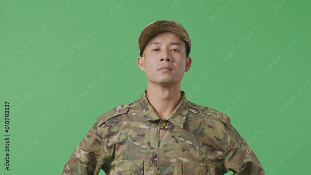 Close Up Of Asian Army Soldier Standing Against On Green Screen ...