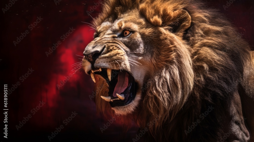 Portrait of a huge roaring lion. An old lion with scars and bloodied ...