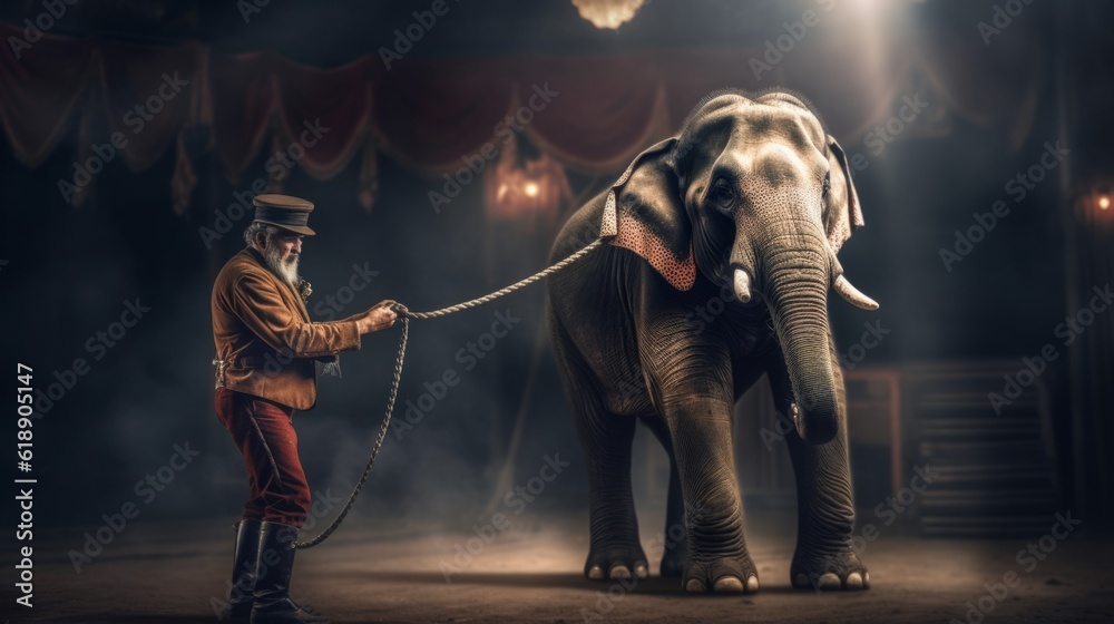 An animal trainer with a slan in the circus arena, an elephant shows ...