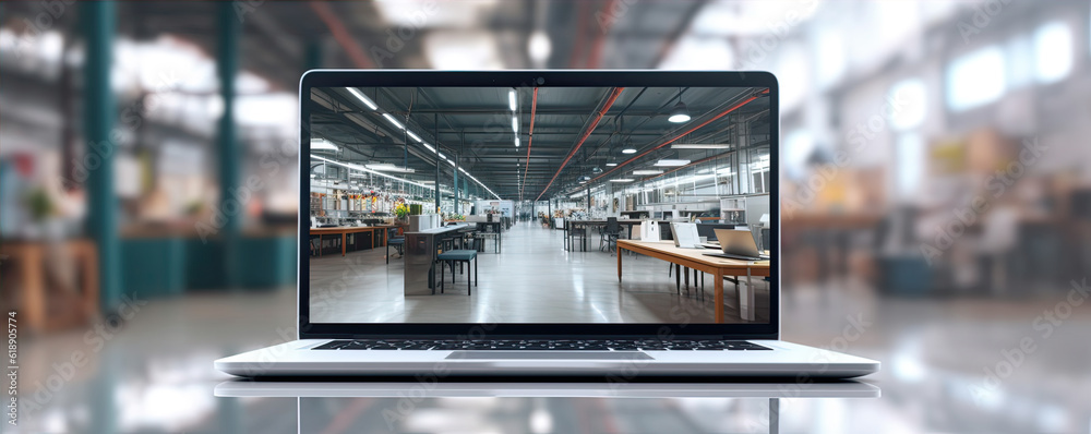 Front view of laptop with screen. Modern architecture in the background ...