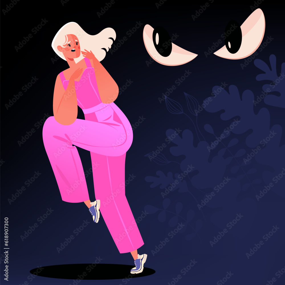 Frightened girl, vector cartoon character, walking in dark through ...