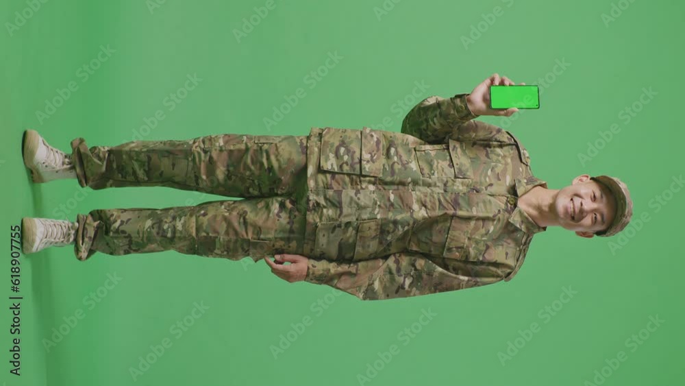 Full Body Of Asian Man Soldier Smiling And Showing Green Screen ...