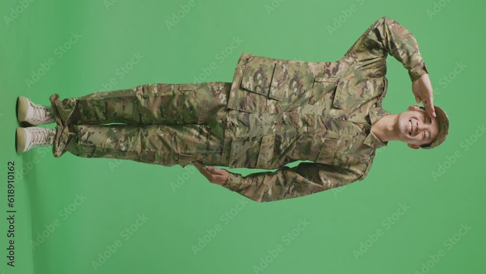 Full Body Of Asian Man Soldier Saluting And Smiling While Standing In ...