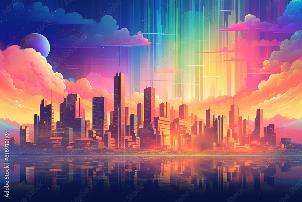 3d city sunset, retro view sci fi background with ocean reflection in ...