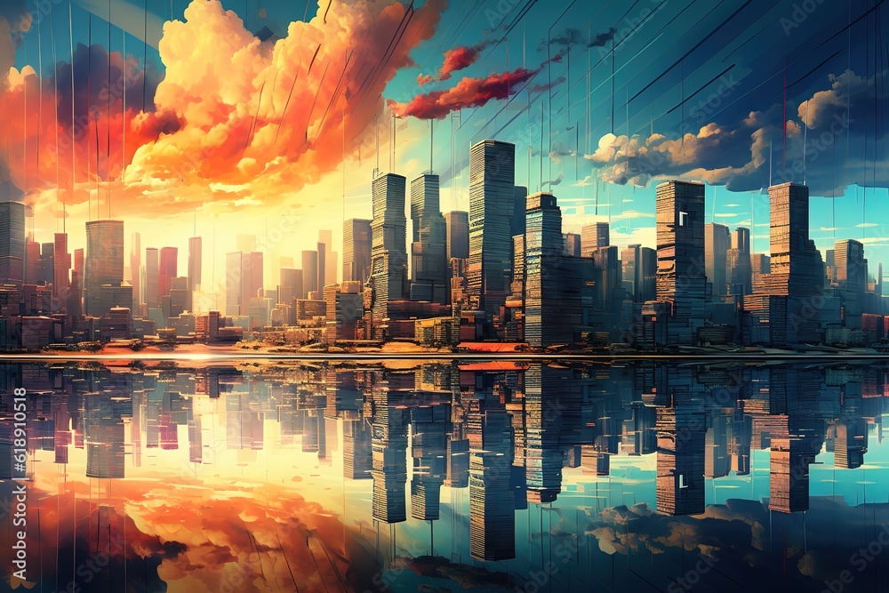 3d city sunset, retro view sci fi background with ocean reflection in ...