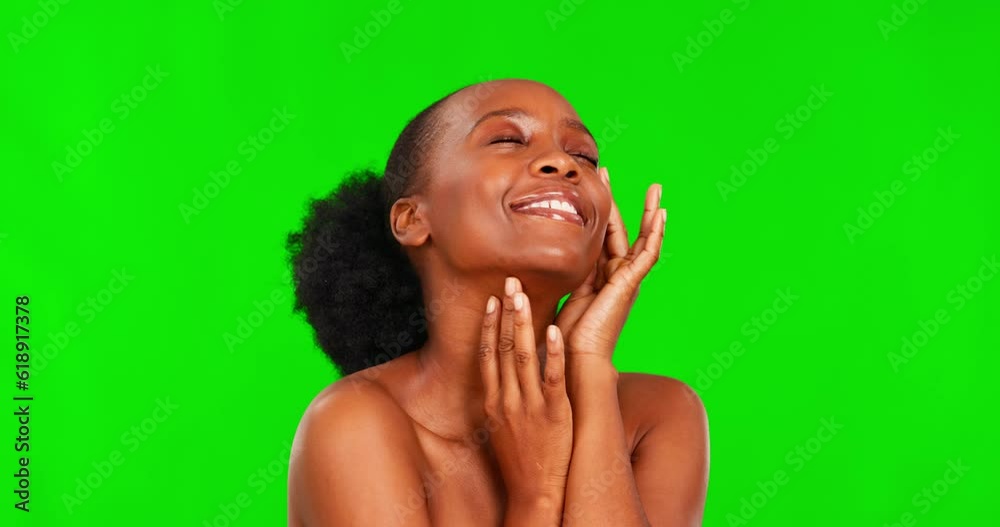 Green Screen Natural Face And Black Woman Feeling Soft Skin From