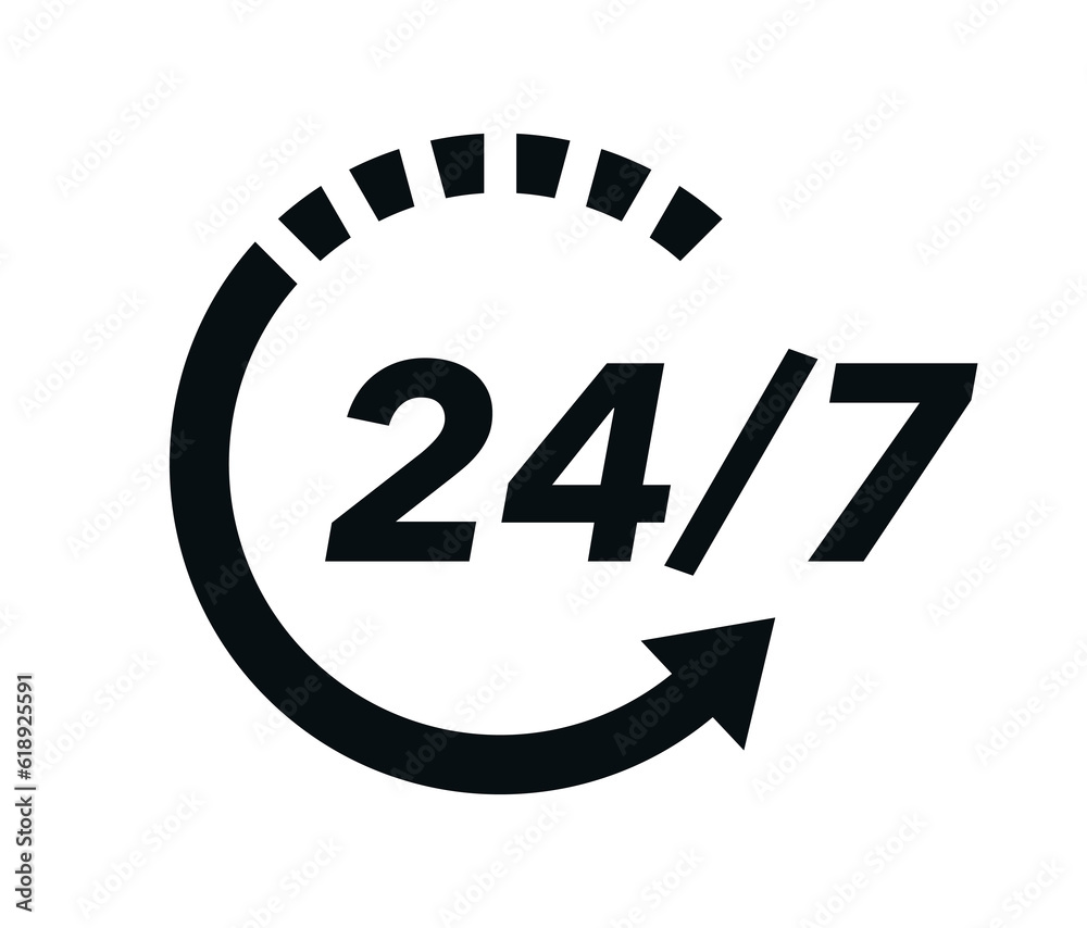 24 7 icon. The 24 hour service is open 24 hours a day, 7 days a week ...