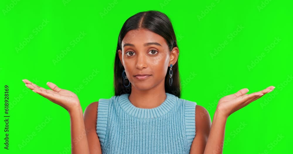 Video „Face, confused and woman in green screen studio with questions ...