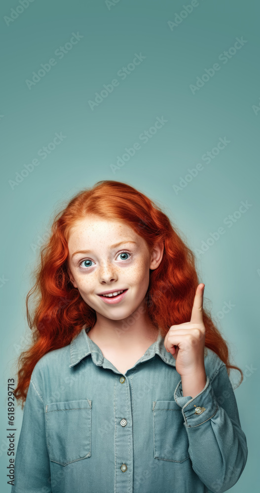 Small ginger red curly hair girl with freckles. She looks cute and ...