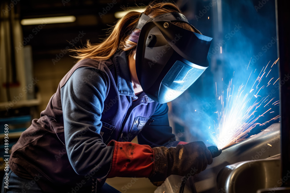 Woman in welding helmet working on piece of metal in workshop, sparks ...