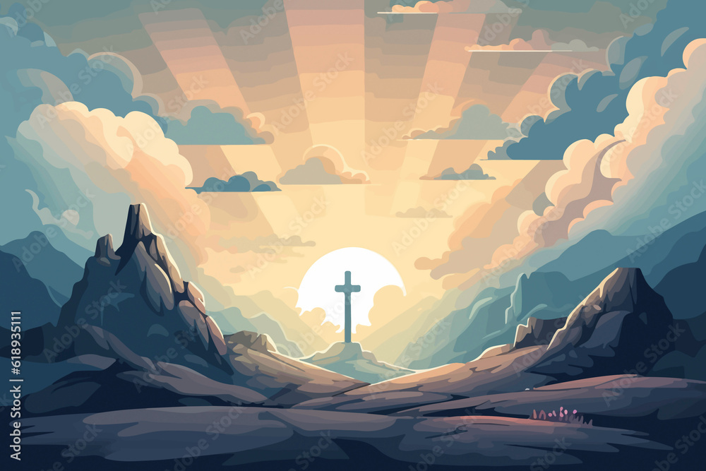 Heavenly Presence: Cartoon Sky over Golgotha Hill Shrouded in Majestic ...