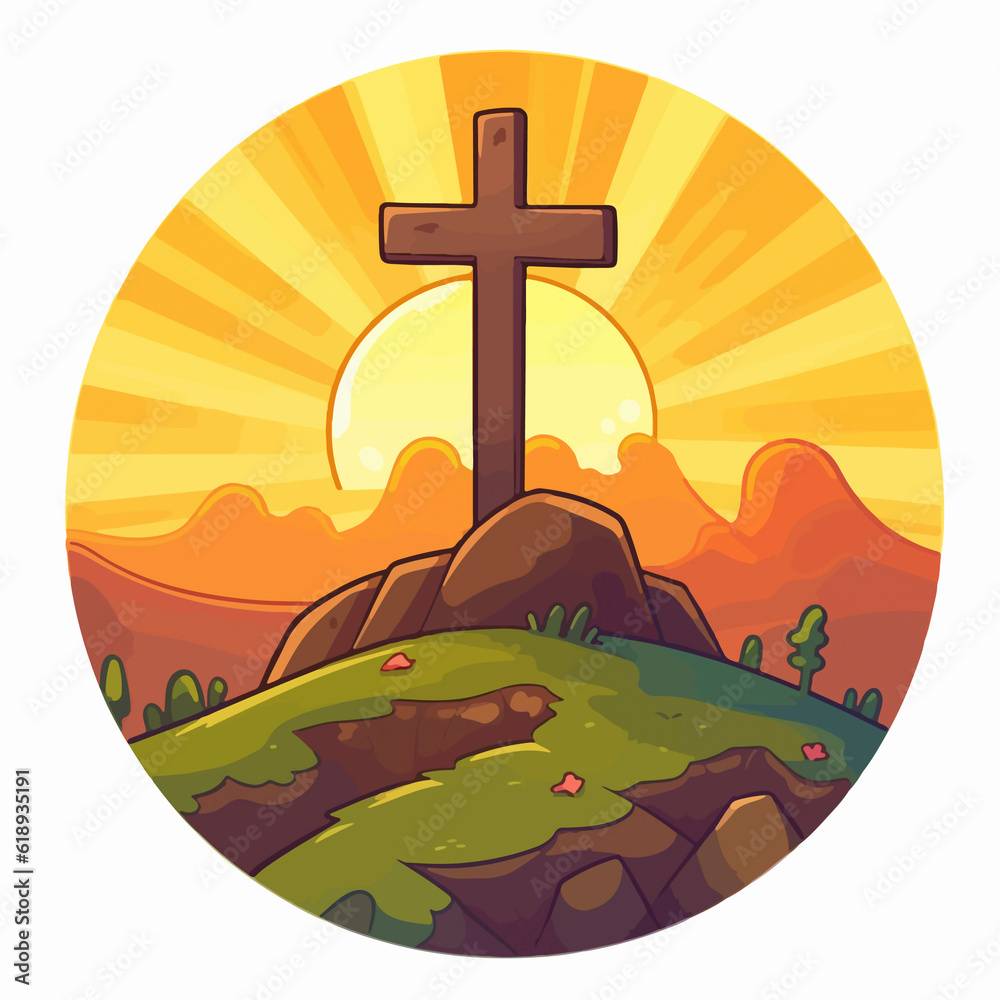 cartoon illustration of a cross on a hill with the sun setting behind ...