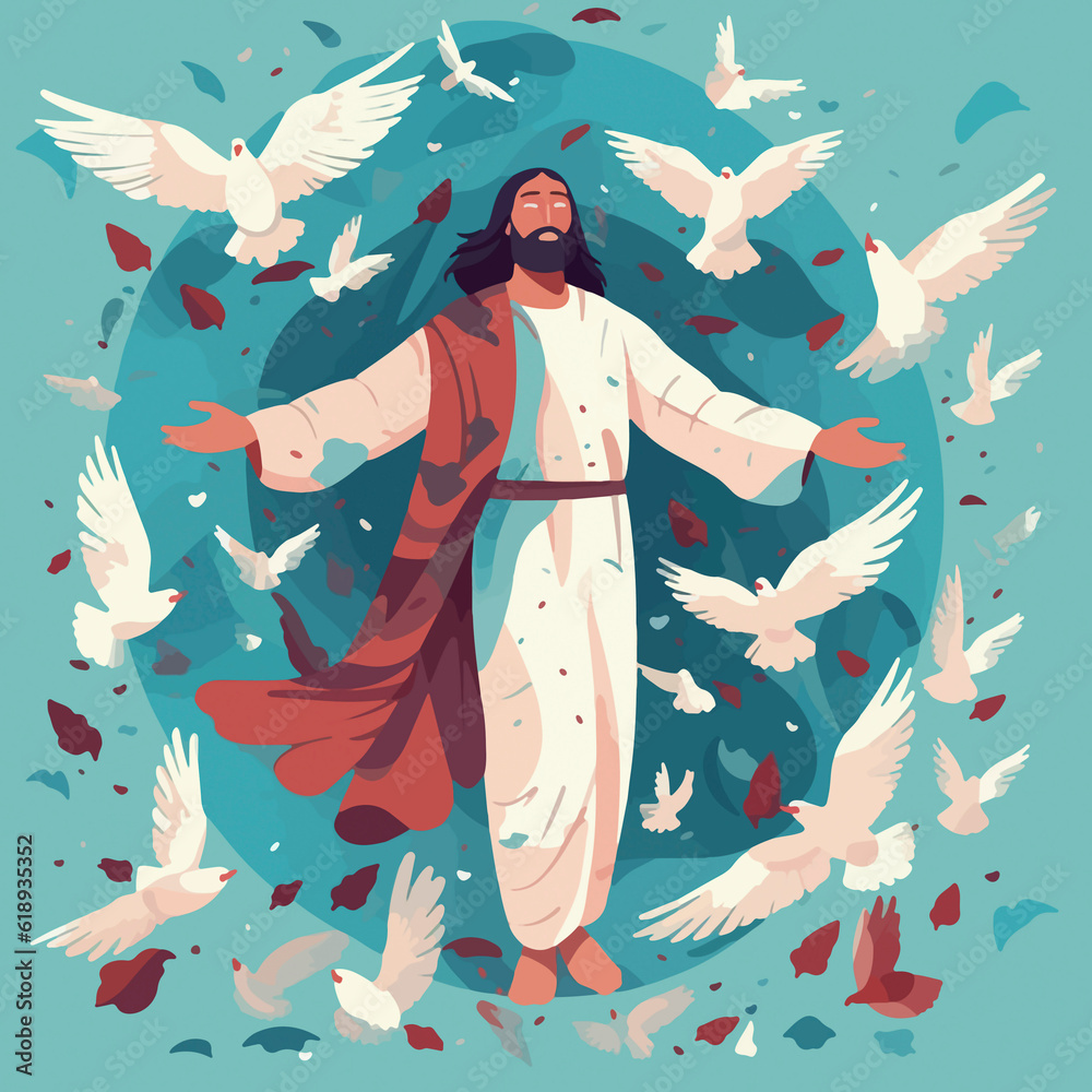 jesus on a cloud with doves behind him. AI Generated Stock Illustration ...