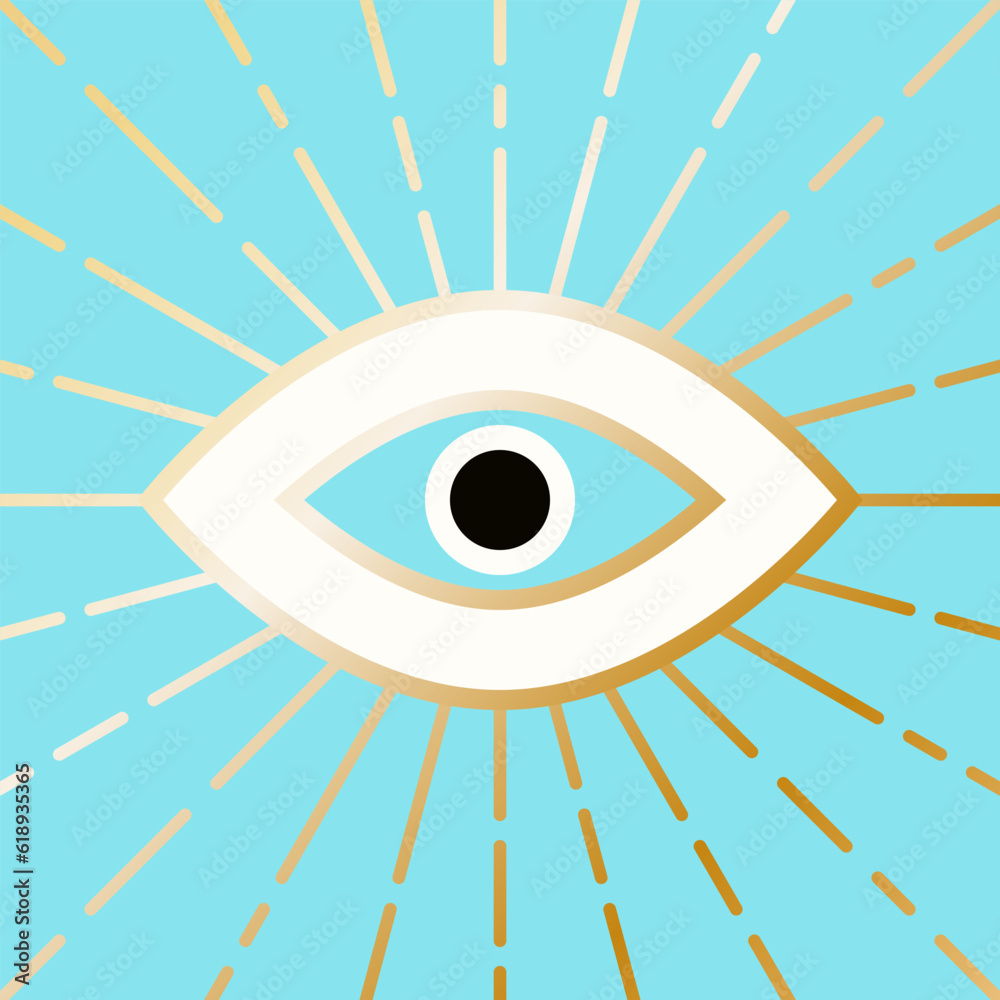 Evil eye occult symbol in gold, white and black on turquoise background ...
