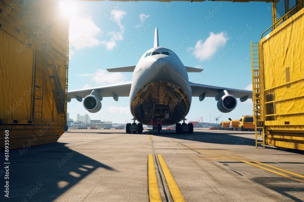 Front view of a cargo plane at the airport. Loading transport aircraft ...