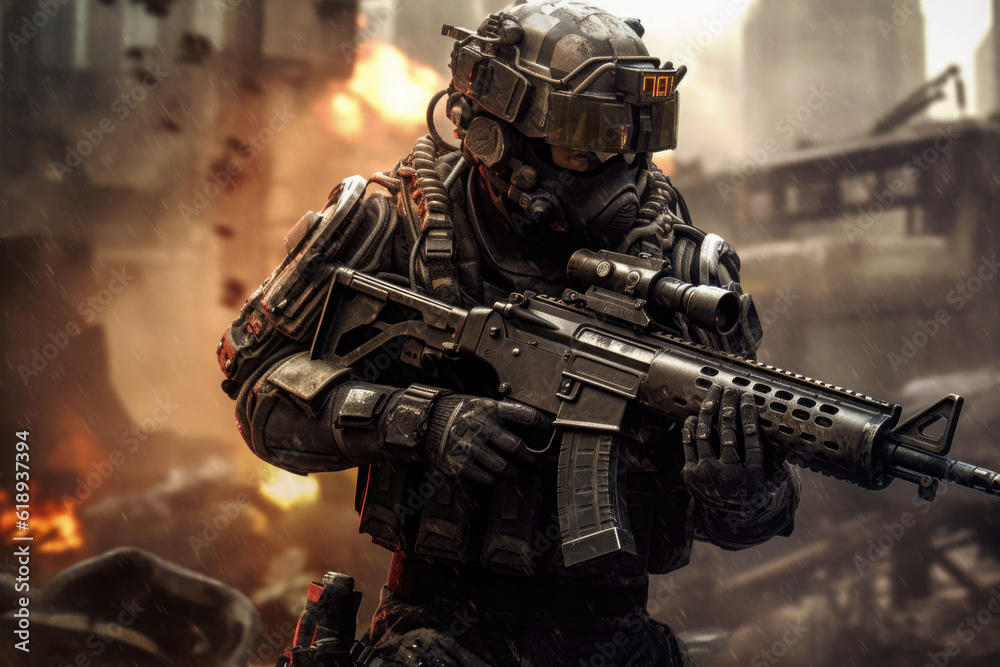 Warrior in body armor and with a machine gun. Man in an modern armor ...