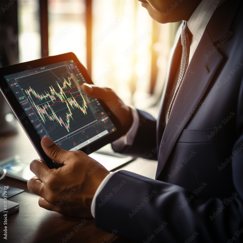 Image of an Asian businessman checking stock market chart on digital ...