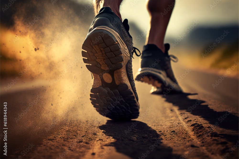 a person running on a road with dust coming out of their feet and shoes ...